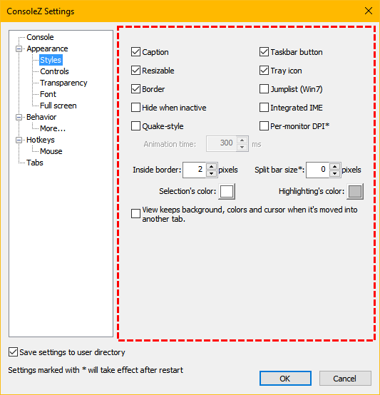 Settings - Appearance (Styles)